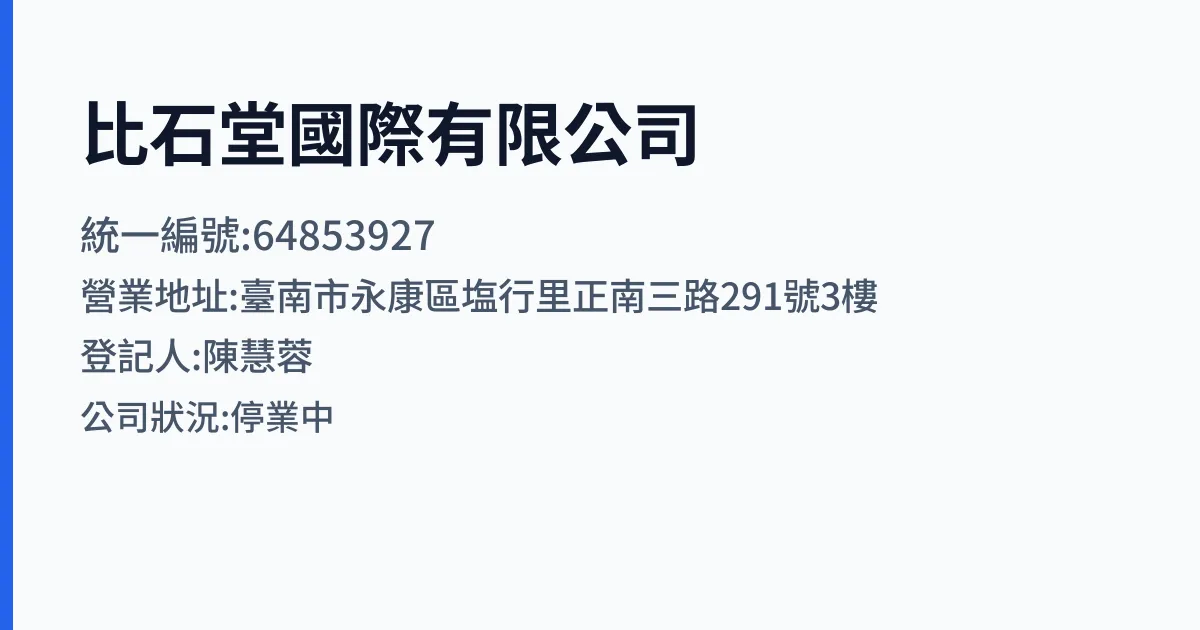 比石堂國際有限公司 - 統編 64853927(臺南市) 公司登記資料與營業項目詳細圖表
