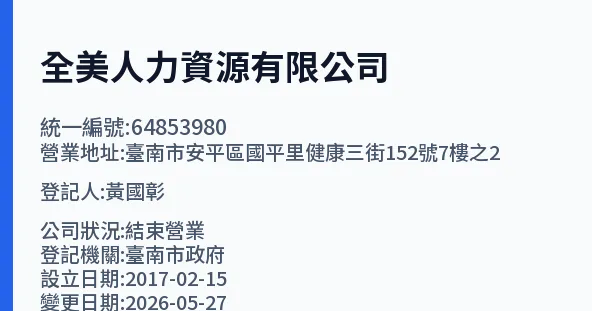 全美人力資源有限公司的照片-統編 64853980(臺南市) 公司登記資料與營業項目詳細圖表