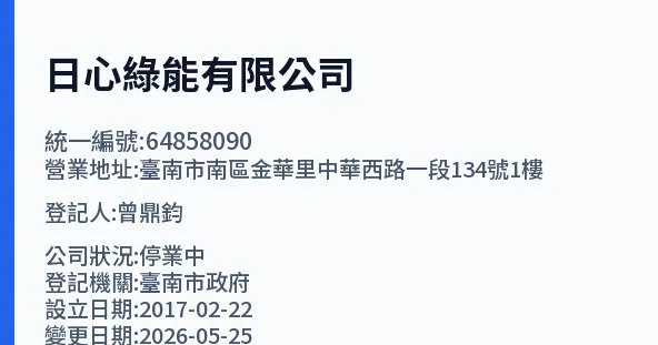 日心綠能有限公司的照片-統編 64858090(臺南市) 公司登記資料與營業項目詳細圖表