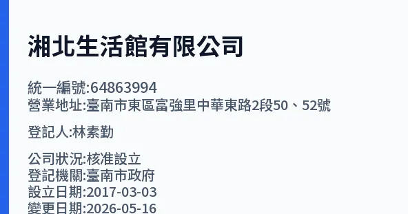 湘北生活館有限公司的照片-統編 64863994(臺南市) 公司登記資料與營業項目詳細圖表