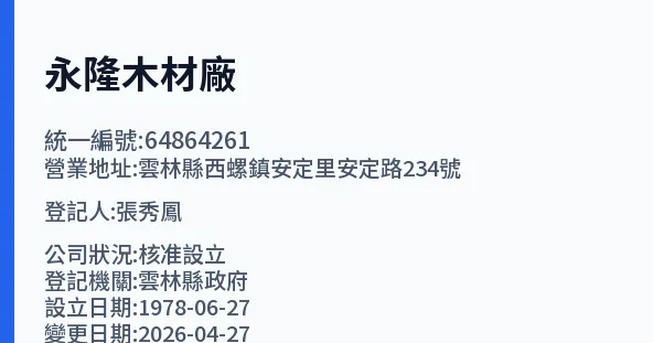 永隆木材廠的照片-統編 64864261(雲林縣) 公司登記資料與營業項目詳細圖表