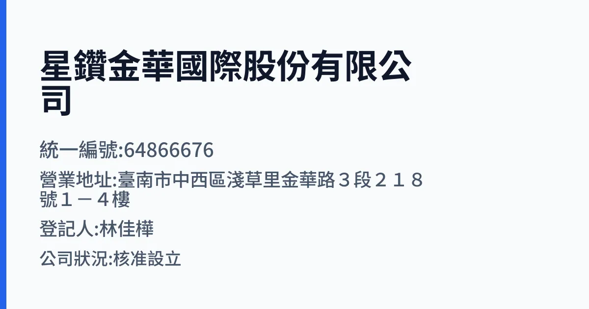 星鑽金華國際股份有限公司 - 統編 64866676(臺南市) 公司登記資料與營業項目詳細圖表