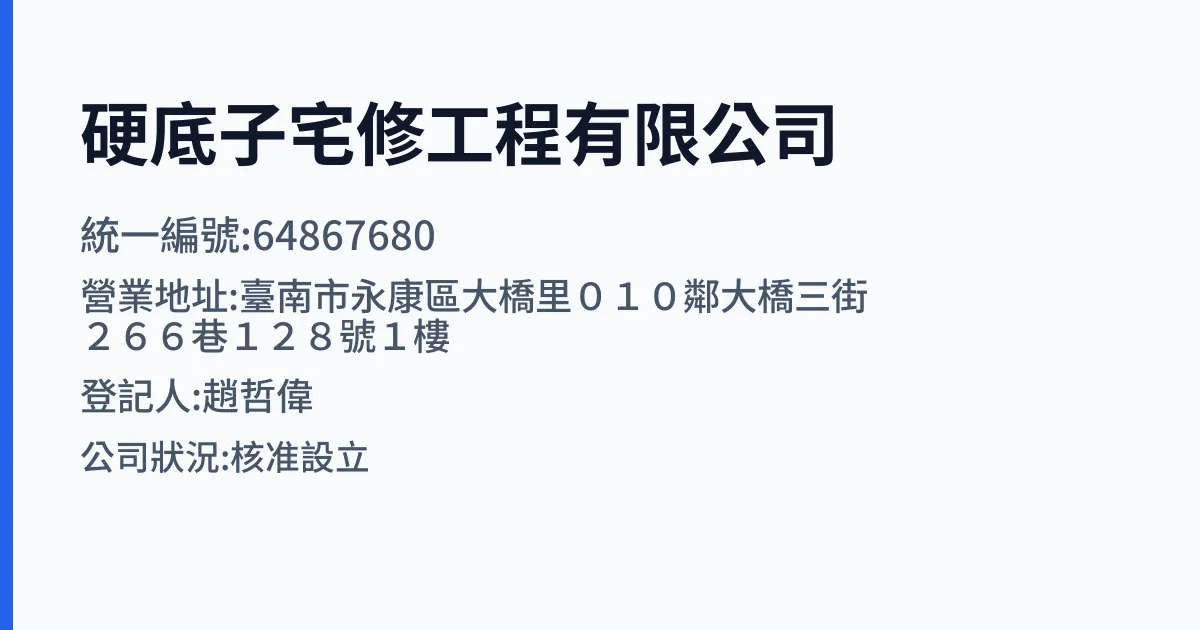硬底子宅修工程有限公司 - 統編 64867680(臺南市) 公司登記資料與營業項目詳細圖表