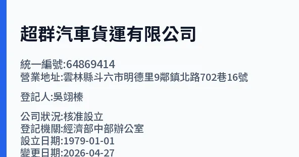 超群汽車貨運有限公司的照片-統編 64869414(雲林縣) 公司登記資料與營業項目詳細圖表