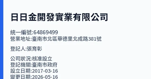 日日金開發實業有限公司的照片-統編 64869499(臺南市) 公司登記資料與營業項目詳細圖表