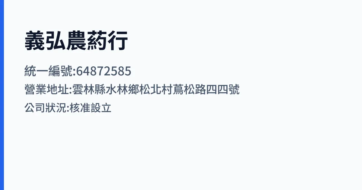 義弘農葯行 - 統編 64872585(雲林縣) 公司登記資料與營業項目詳細圖表