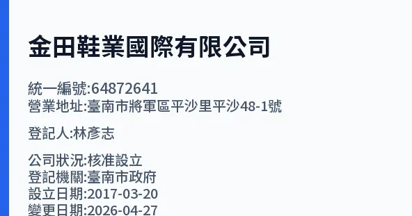 金田鞋業國際有限公司的照片-統編 64872641(臺南市) 公司登記資料與營業項目詳細圖表