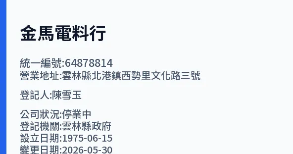 金馬電料行的照片-統編 64878814(雲林縣) 公司登記資料與營業項目詳細圖表