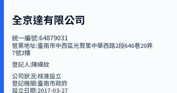 全京達有限公司的照片-統編 64879031(臺南市) 公司登記資料與營業項目詳細圖表