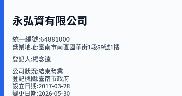 永弘資有限公司的照片-統編 64881000(臺南市) 公司登記資料與營業項目詳細圖表