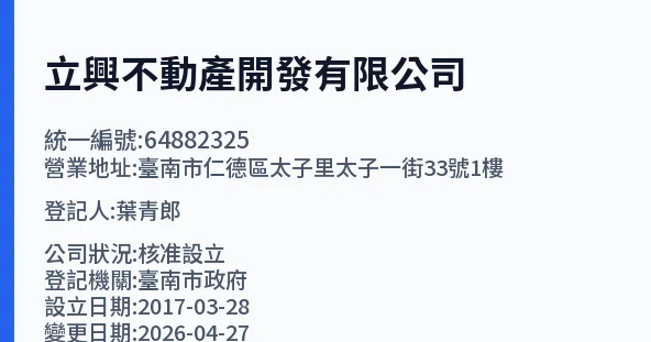 立興不動產開發有限公司的照片-統編 64882325(臺南市) 公司登記資料與營業項目詳細圖表