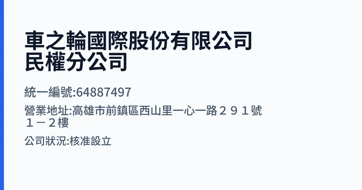 車之輪國際股份有限公司民權分公司 - 統編 64887497(高雄市) 公司登記資料與營業項目詳細圖表
