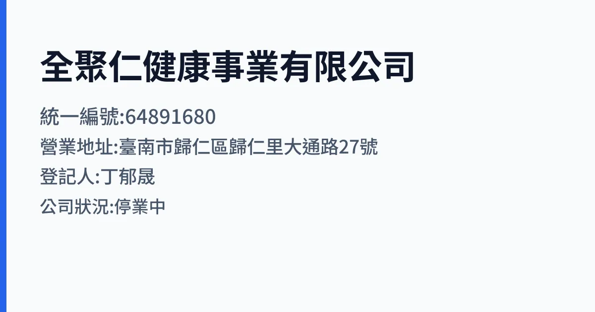 全聚仁健康事業有限公司 - 統編 64891680(臺南市) 公司登記資料與營業項目詳細圖表