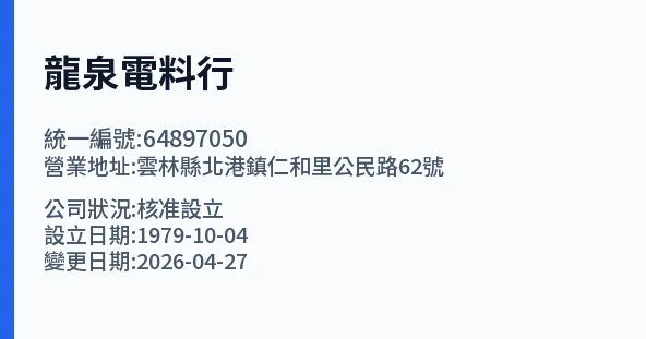 龍泉電料行的照片-統編 64897050(雲林縣) 公司登記資料與營業項目詳細圖表