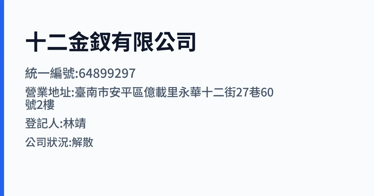 十二金釵有限公司 - 統編 64899297(臺南市) 公司登記資料與營業項目詳細圖表