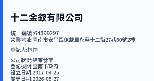 十二金釵有限公司的照片-統編 64899297(臺南市) 公司登記資料與營業項目詳細圖表