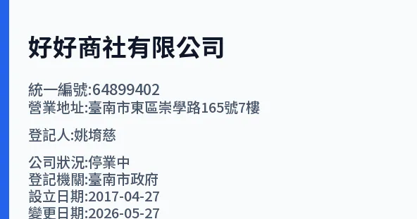 好好商社有限公司的照片-統編 64899402(臺南市) 公司登記資料與營業項目詳細圖表