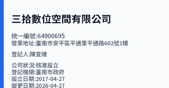三拾數位空間有限公司的照片-統編 64900695(臺南市) 公司登記資料與營業項目詳細圖表