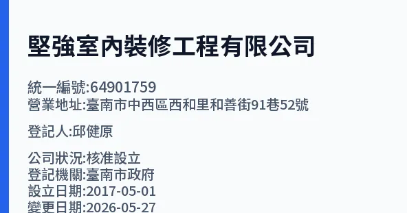 堅強室內裝修工程有限公司的照片-統編 64901759(臺南市) 公司登記資料與營業項目詳細圖表