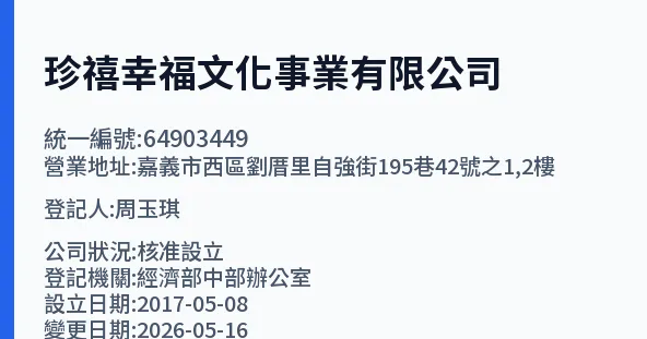 珍禧幸福文化事業有限公司的照片-統編 64903449(嘉義市) 公司登記資料與營業項目詳細圖表
