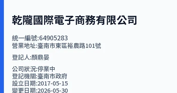 乾隴國際電子商務有限公司的照片-統編 64905283(臺南市) 公司登記資料與營業項目詳細圖表