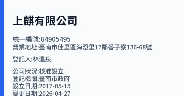 上麒有限公司的照片-統編 64905495(臺南市) 公司登記資料與營業項目詳細圖表