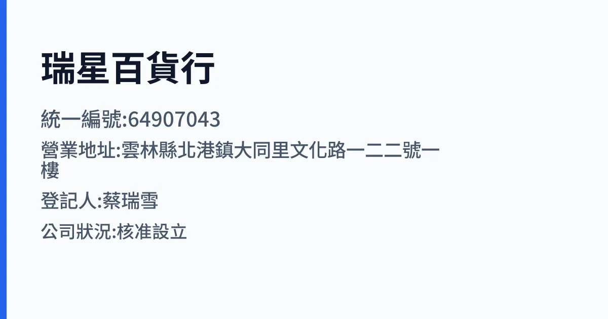瑞星百貨行 - 統編 64907043(雲林縣) 公司登記資料與營業項目詳細圖表