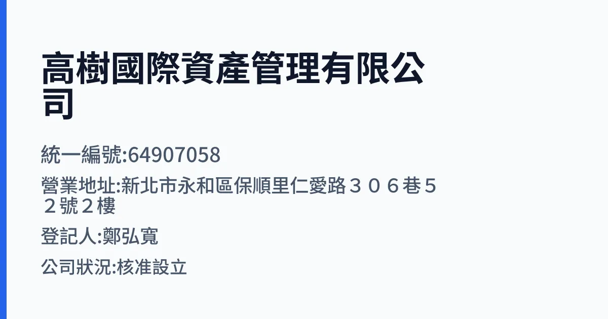 高樹國際資產管理有限公司 - 統編 64907058(新北市) 公司登記資料與營業項目詳細圖表