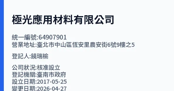 極光應用材料有限公司的照片-統編 64907901(臺北市) 公司登記資料與營業項目詳細圖表