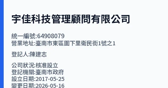 宇佳科技管理顧問有限公司的照片-統編 64908079(臺南市) 公司登記資料與營業項目詳細圖表