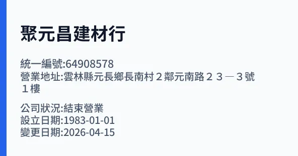 聚元昌建材行的照片-統編 64908578(雲林縣) 公司登記資料與營業項目詳細圖表