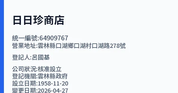日日珍商店的照片-統編 64909767(雲林縣) 公司登記資料與營業項目詳細圖表