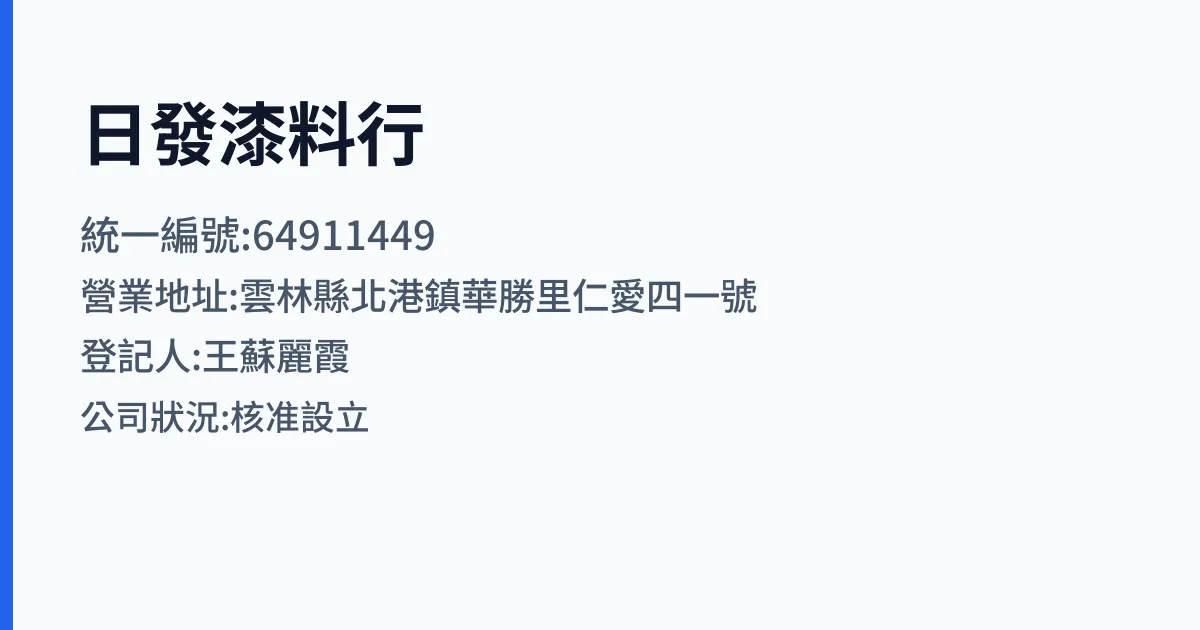 日發漆料行 - 統編 64911449(雲林縣) 公司登記資料與營業項目詳細圖表