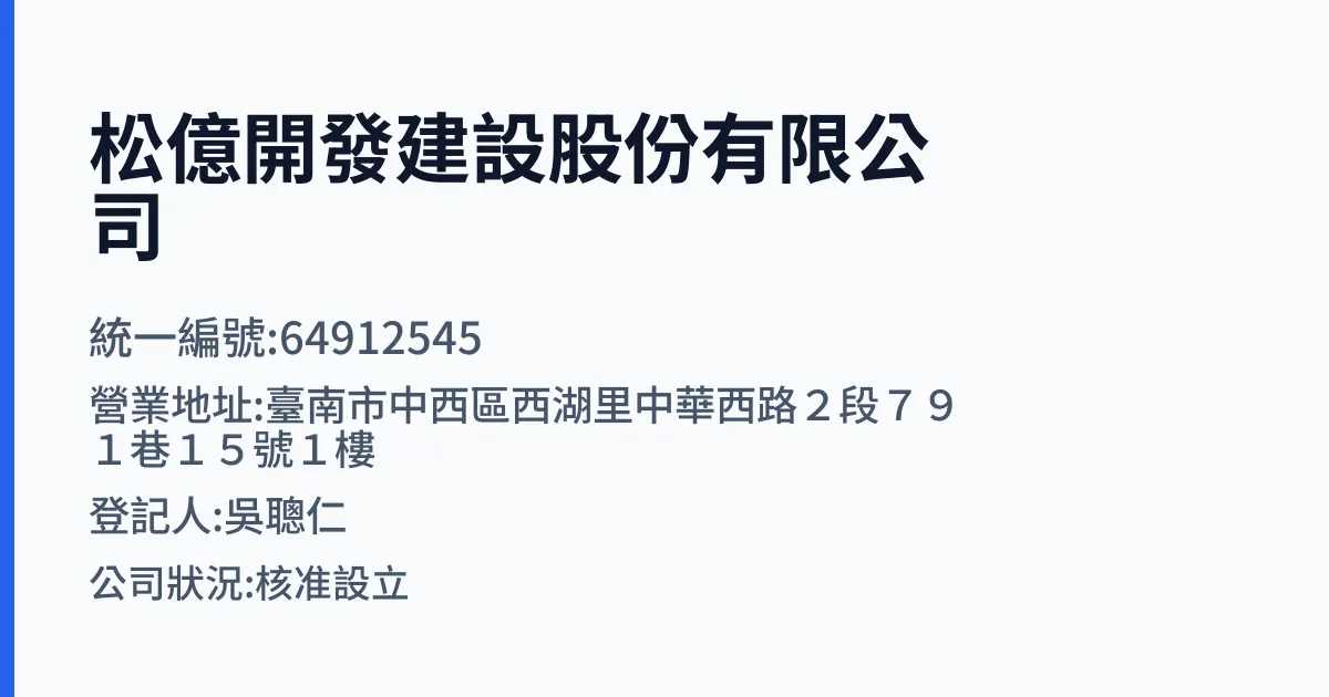 松億開發建設股份有限公司 - 統編 64912545(臺南市) 公司登記資料與營業項目詳細圖表