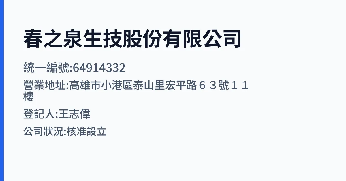 春之泉生技股份有限公司 - 統編 64914332(高雄市) 公司登記資料與營業項目詳細圖表