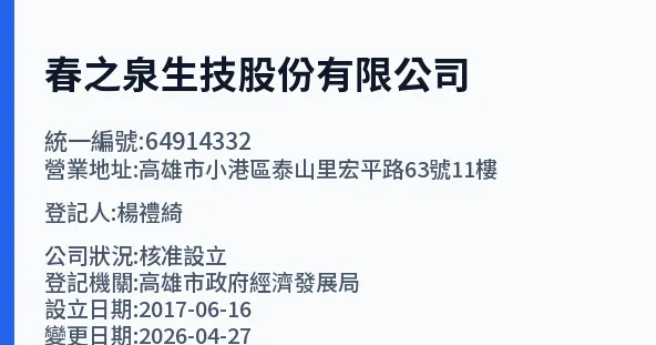 春之泉生技股份有限公司的照片-統編 64914332(高雄市) 公司登記資料與營業項目詳細圖表