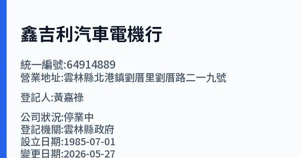 鑫吉利汽車電機行的照片-統編 64914889(雲林縣) 公司登記資料與營業項目詳細圖表
