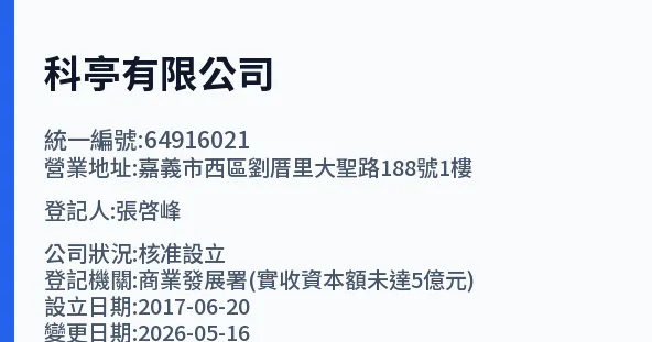 科亭有限公司的照片-統編 64916021(嘉義市) 公司登記資料與營業項目詳細圖表