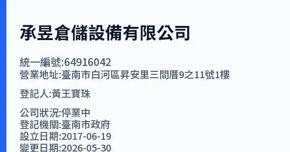 承昱倉儲設備有限公司的照片-統編 64916042(臺南市) 公司登記資料與營業項目詳細圖表