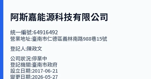 阿斯嘉能源科技有限公司的照片-統編 64916492(臺南市) 公司登記資料與營業項目詳細圖表