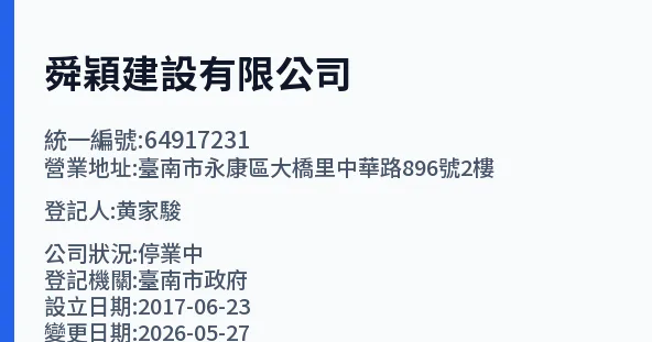 舜穎建設有限公司的照片-統編 64917231(臺南市) 公司登記資料與營業項目詳細圖表