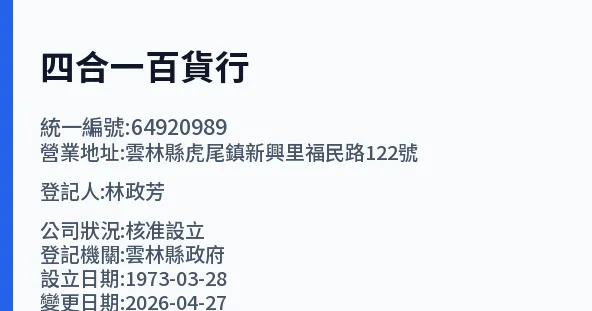四合一百貨行的照片-統編 64920989(雲林縣) 公司登記資料與營業項目詳細圖表