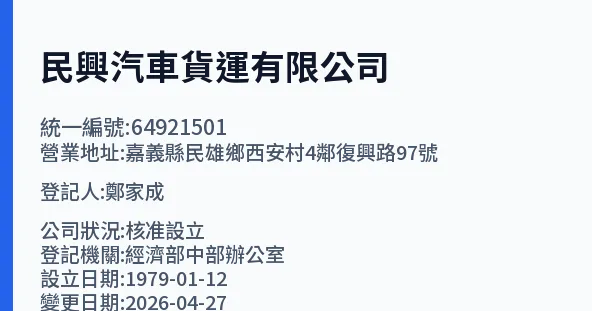 民興汽車貨運有限公司的照片-統編 64921501(嘉義縣) 公司登記資料與營業項目詳細圖表