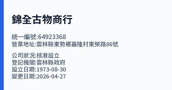 錦全古物商行的照片-統編 64923368(雲林縣) 公司登記資料與營業項目詳細圖表