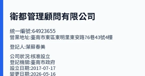 衛都管理顧問有限公司的照片-統編 64923655(臺南市) 公司登記資料與營業項目詳細圖表