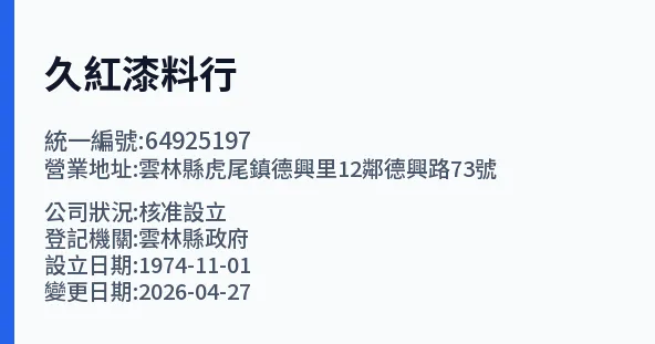久紅漆料行的照片-統編 64925197(雲林縣) 公司登記資料與營業項目詳細圖表