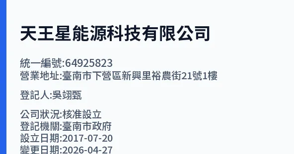 天王星能源科技有限公司的照片-統編 64925823(臺南市) 公司登記資料與營業項目詳細圖表