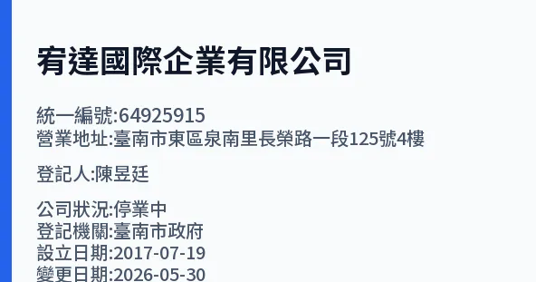 宥達國際企業有限公司的照片-統編 64925915(臺南市) 公司登記資料與營業項目詳細圖表
