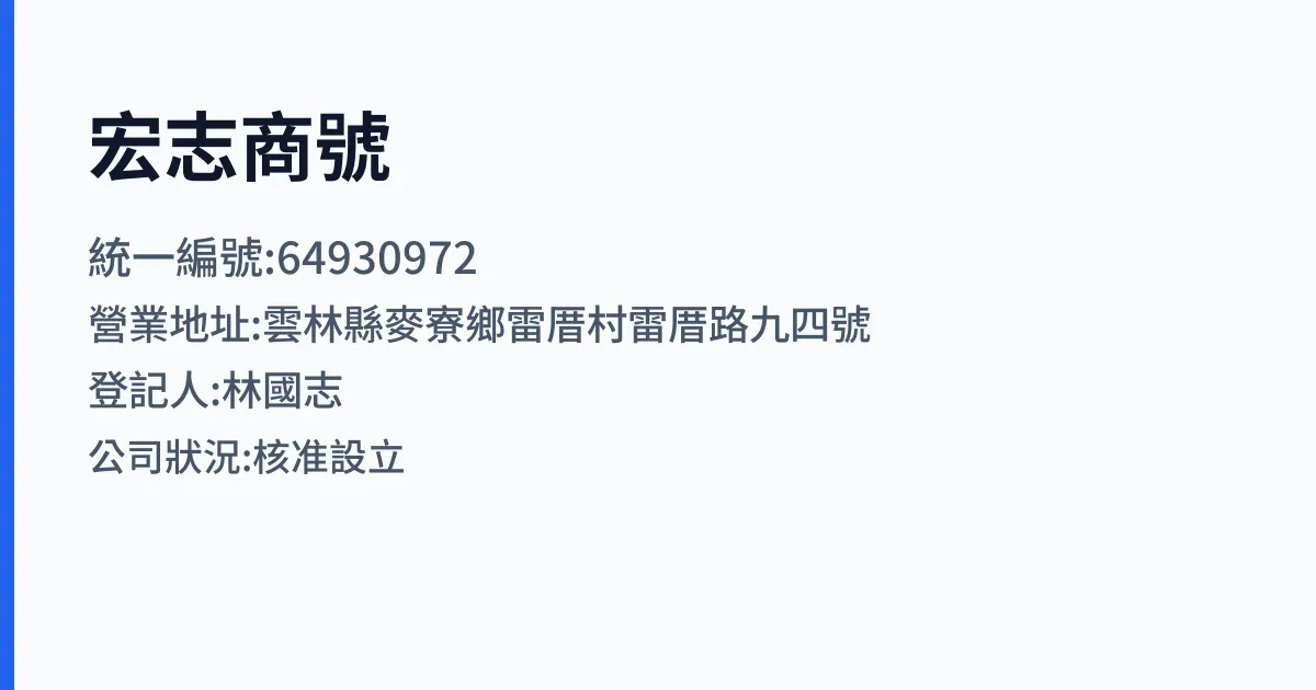 宏志商號 - 統編 64930972（雲林縣） 公司登記資料與營業項目詳細圖表