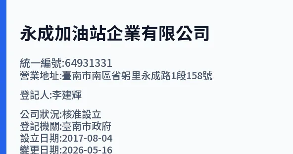 永成加油站企業有限公司的照片-統編 64931331(臺南市) 公司登記資料與營業項目詳細圖表